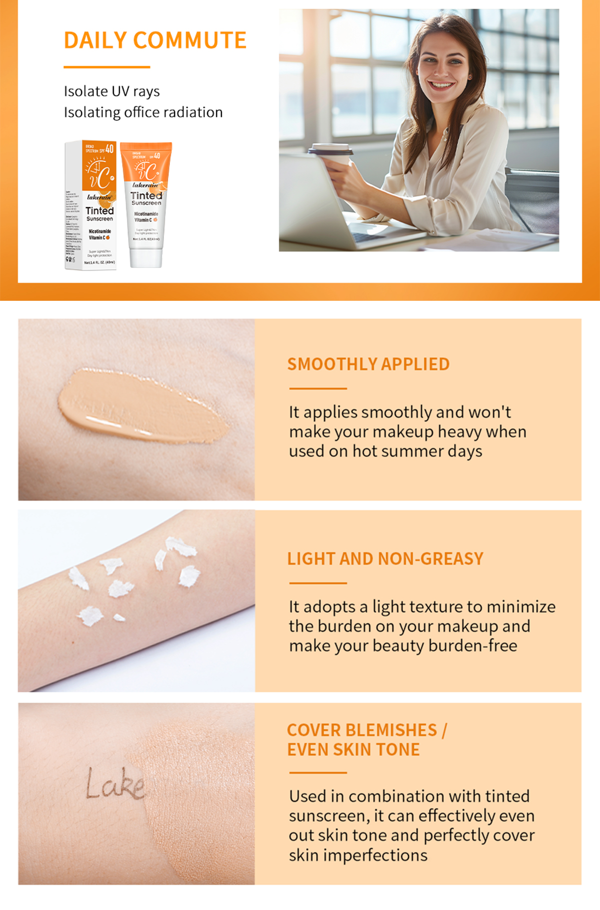 Lakerain Vitamin C Tinted Sunscreen with SPF 40 ,Moisturizing, Delays ...