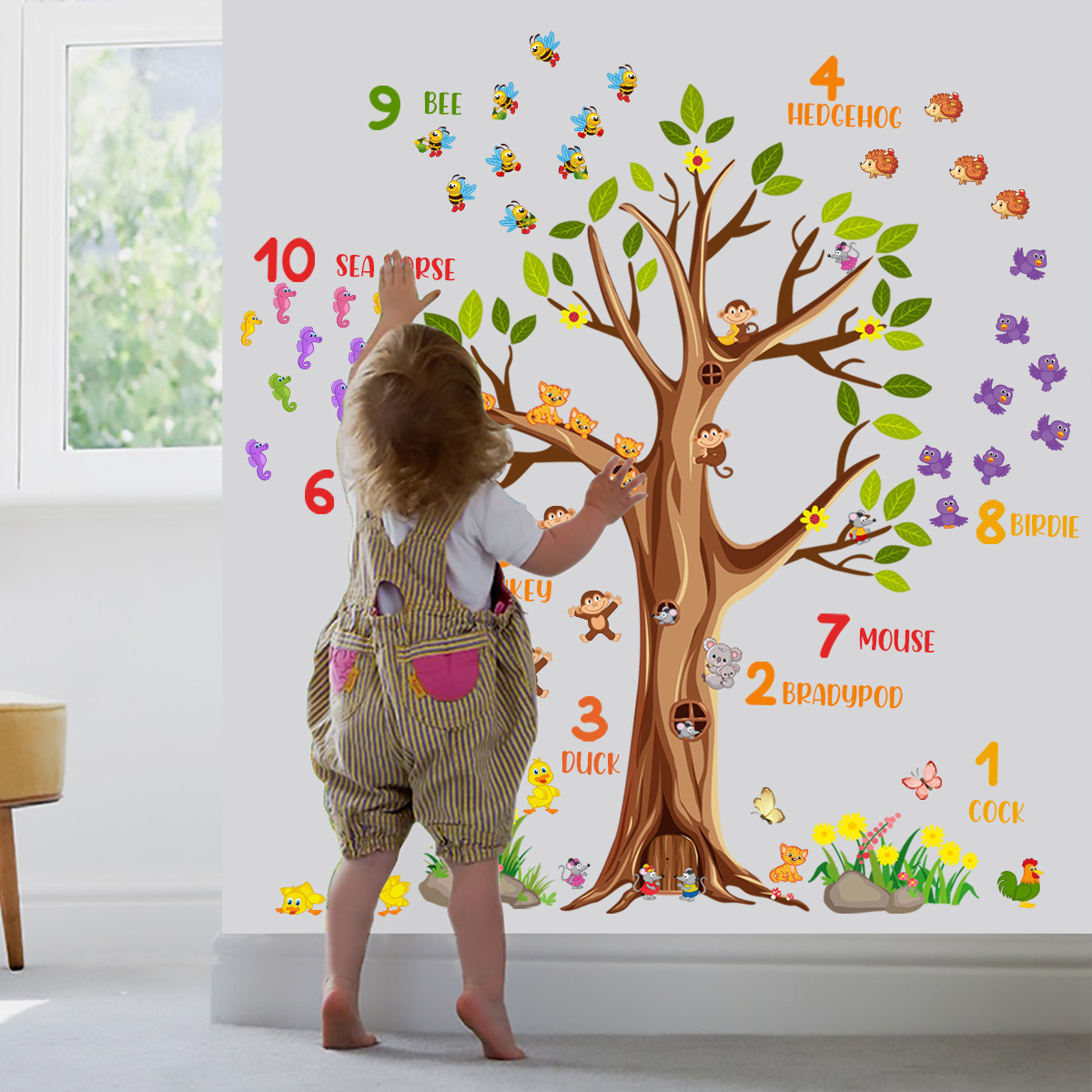 Number Wall Stickers Giant Cartoon Brown Tree Wall Decals Learning ...