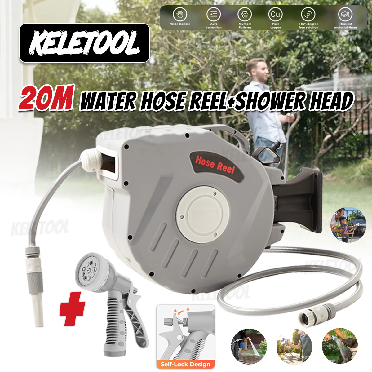20m Hose Reel Water Hose Retractable Water Hose Reel Roller Auto Rewind ...
