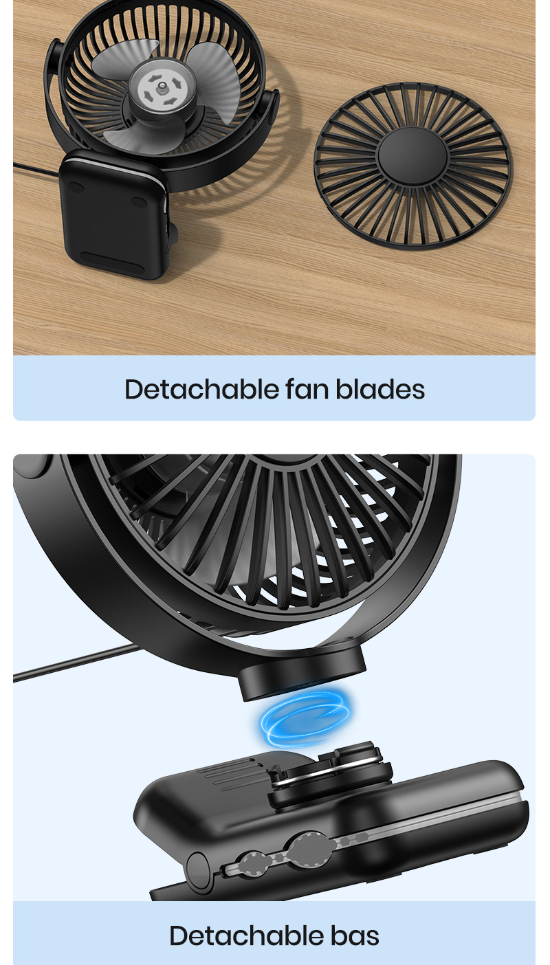 TOPK Portable Clip Fan USB Desk Fan 3 Speed Strong Airflow 720 Rotation ...