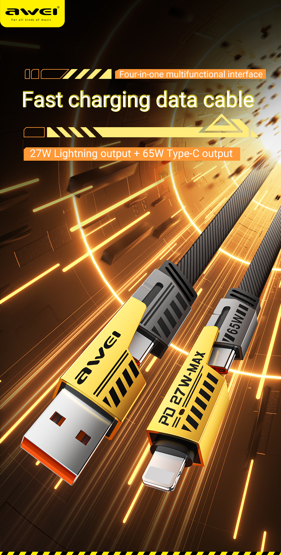 Awei 65W 4 in 1 Super Fast Charging Cable 1M Nylon Braided Micro USB Type C Cable | Shopee Malaysia