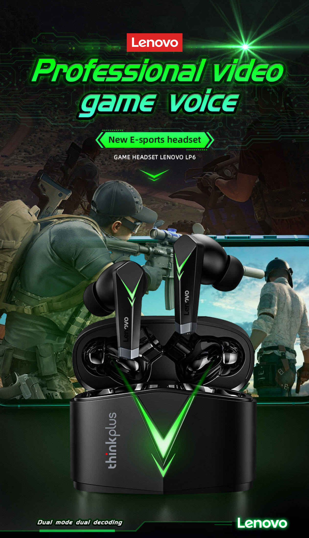 Lenovo Lp6 Vct Gaming Earphone Wireless Headphones Dual Mode With ...