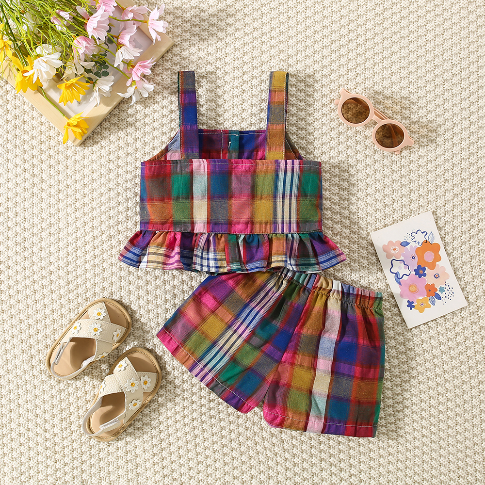 Summer New Colored Checkered Baby Girl Set, Beach Party Children'S ...