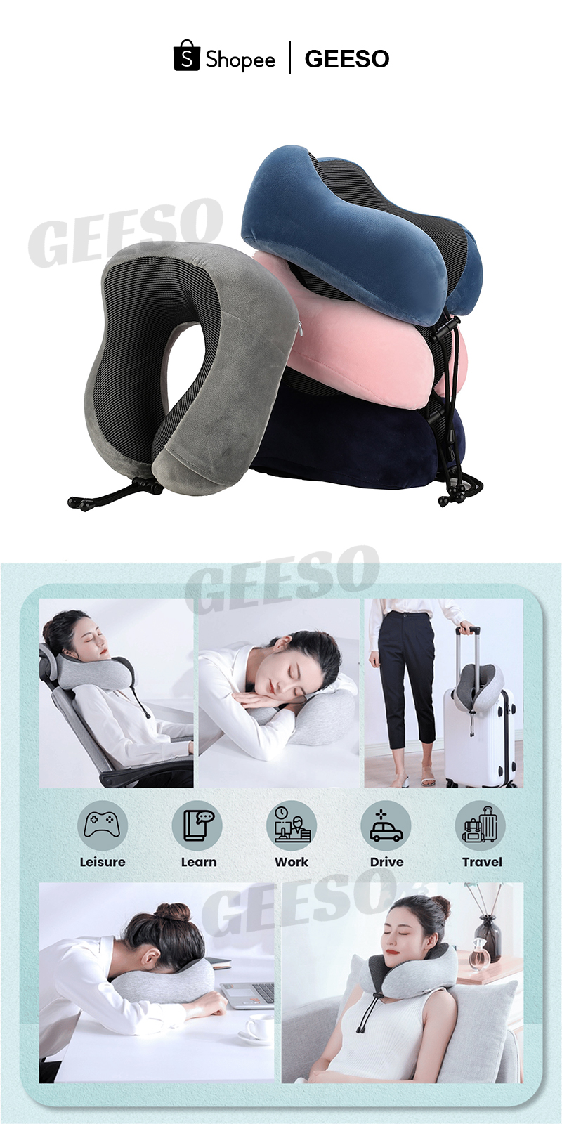 GEESO Memory Foam Headrest Pillow U-Shaped Car Neck Travel Pillow Head ...