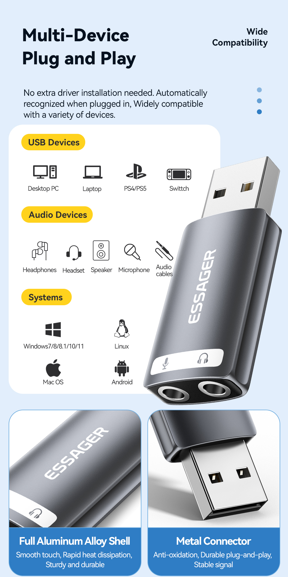 ESSAGER USB to 3.5mm external sound card Two specifications | Shopee Malaysia