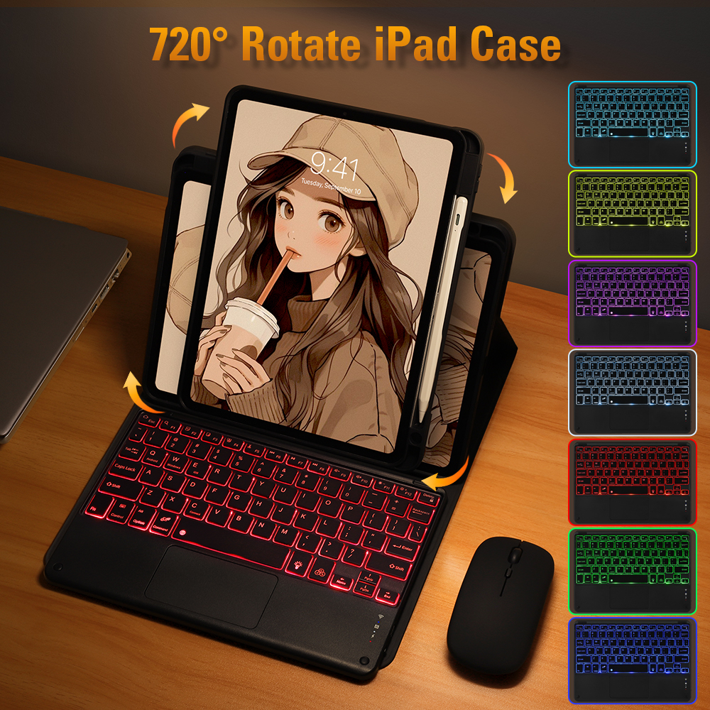 NIXXOS For iPad Case Rotatable with Touchpad Keyboard 7-Colours LED ...