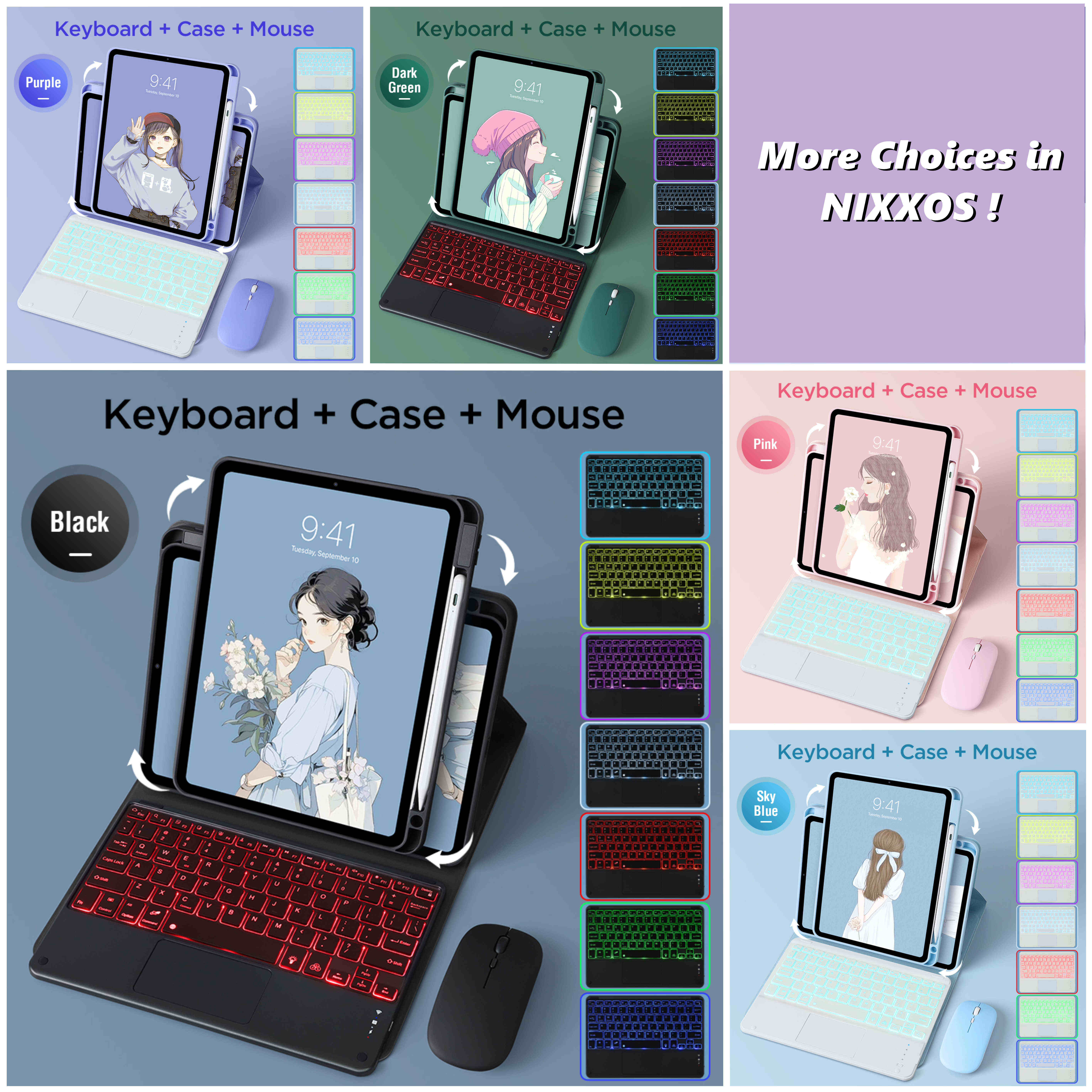 NIXXOS For iPad Case Rotatable with Touchpad Keyboard 7-Colours LED ...