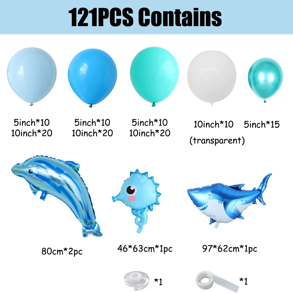 121pcs Green Blue Ocean Balloon Arch Kit BoBo Seahorse Shark Shell ...