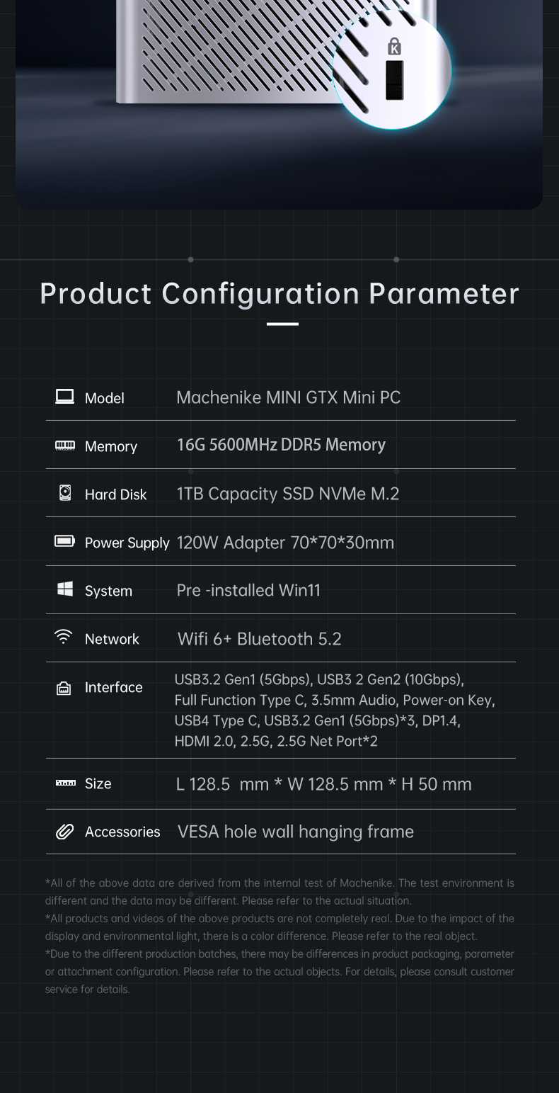 Machenike Mini PC GTX, AMD Ryzen7 8845HS 16G DDR5 RAM 1T SSD PCIE4.0 WiFi6, 2024 New Mini ...