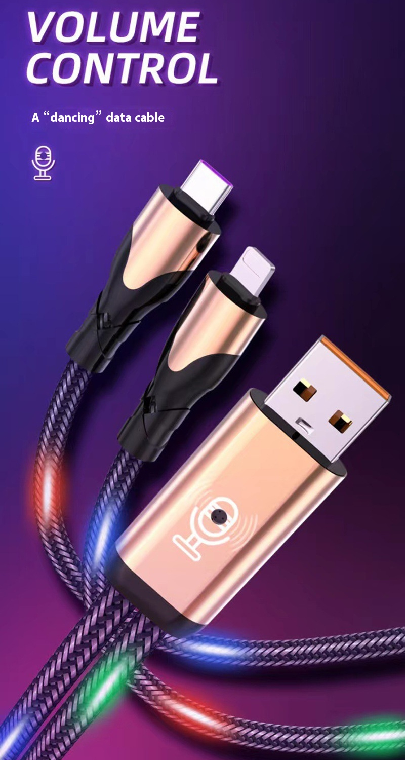 66W 2 In 1 Voice Controlled Luminous Streamer Cable For ios Type C ...