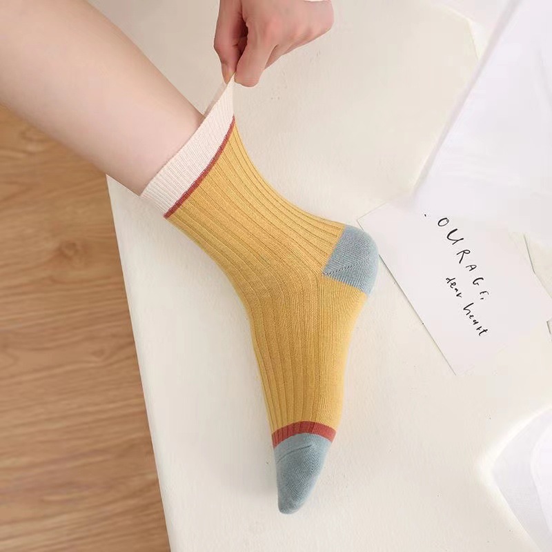 Ladies Color Matching Vertical Striped Mid-Tube Socks Fashion Casual ...