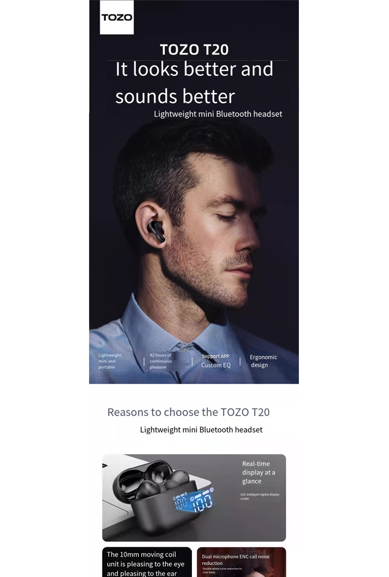 TOZO T20 True wireless Bluetooth Headset In-ear ENC call noise ...