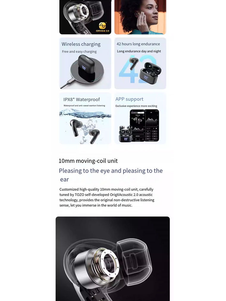 TOZO T20 True wireless Bluetooth Headset In-ear ENC call noise ...