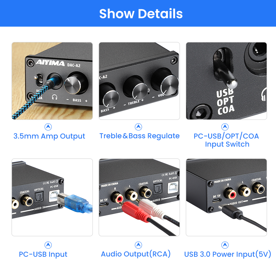 AIYIMA DAC-A2 HiFi Audio Decoder USB DAC Headphone Amplifier Coaxial Optical Output Stereo ...