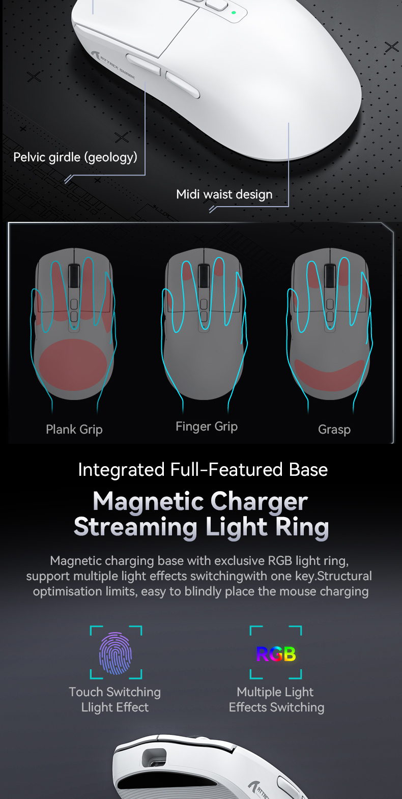 Attack Shark X6 PAW3395 Bluetooth Mouse,Tri-Mode Connection,RGB Touch Magnetic Charging Base ...