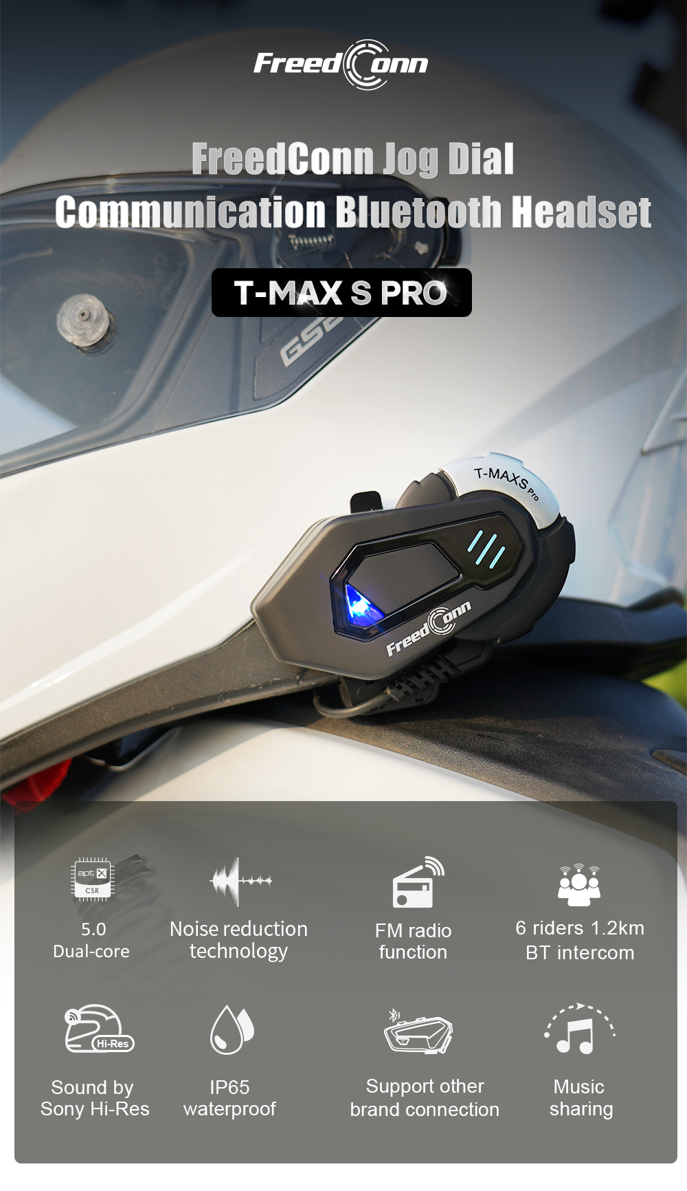 FreedConn T-MAX S Pro Motorcycle Intercom Bluetooth 5.0 Helmet Headset ...
