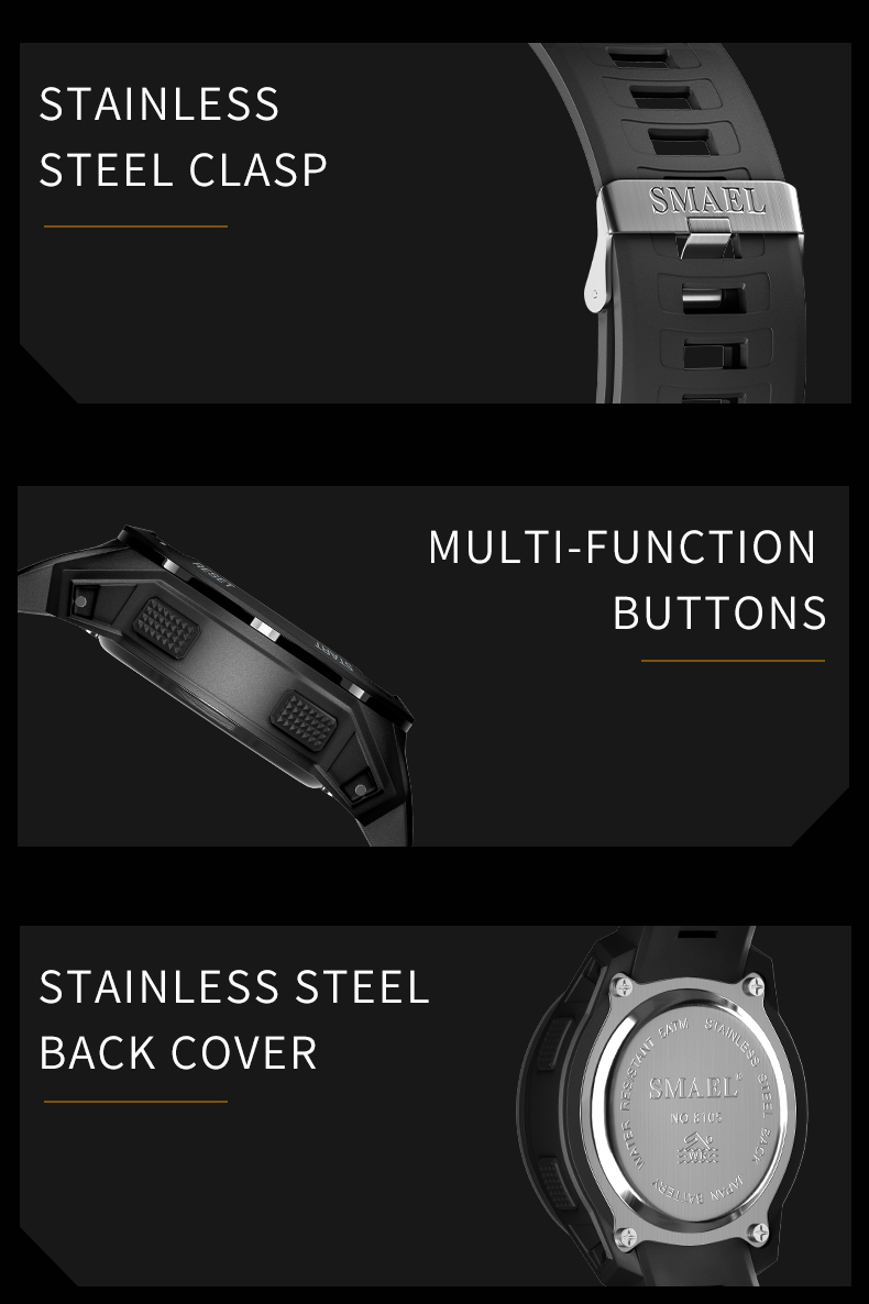 SMAEL Men's Waterproof Multifunctional Sports Watch TPU Strap LED ...
