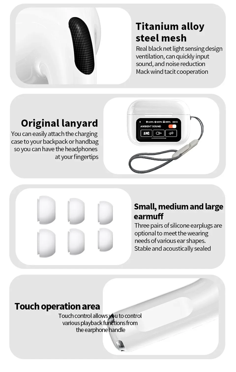 Smart Screen Earphones Wireless Bluetooth Headset ANC Noise Reduction ...