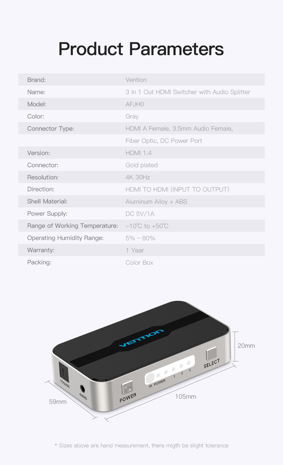 Vention HDMI Switcher 4K/30Hz 3 Input 1 Output HDMI 2.0 Switch Adapter ...