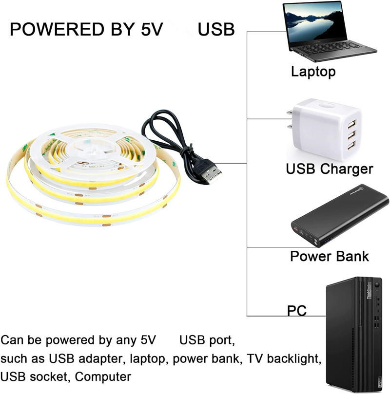 USB COB LED Strip Lights for TV 5V USB Powered LED Tape Lights 320Leds ...