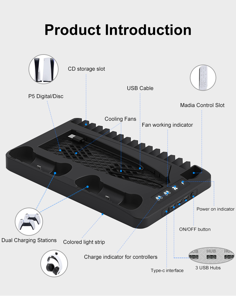 PS5 console universal multifunctional cooling fan base 7 color lighting ...