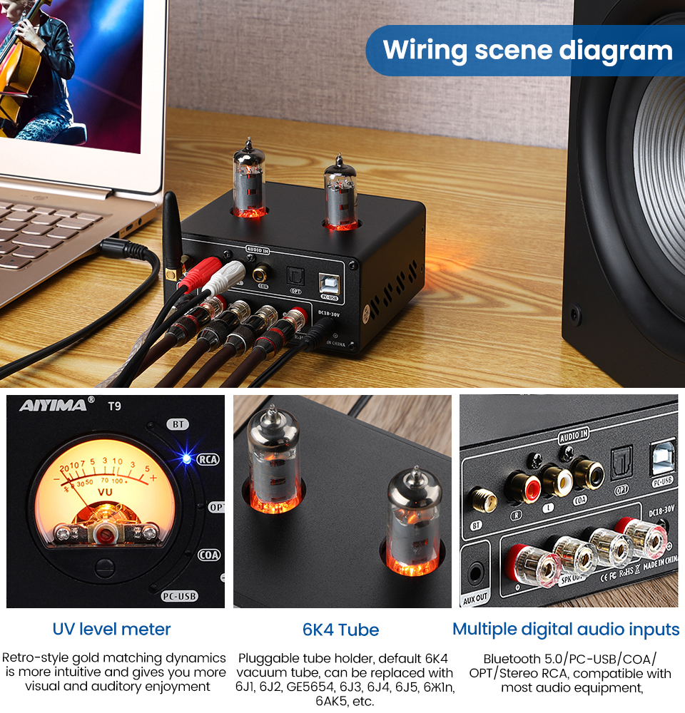 AIYIMA T9 Audio Bluetooth 5.0 Vacuum Tube Amplifier USB DAC Stereo ...