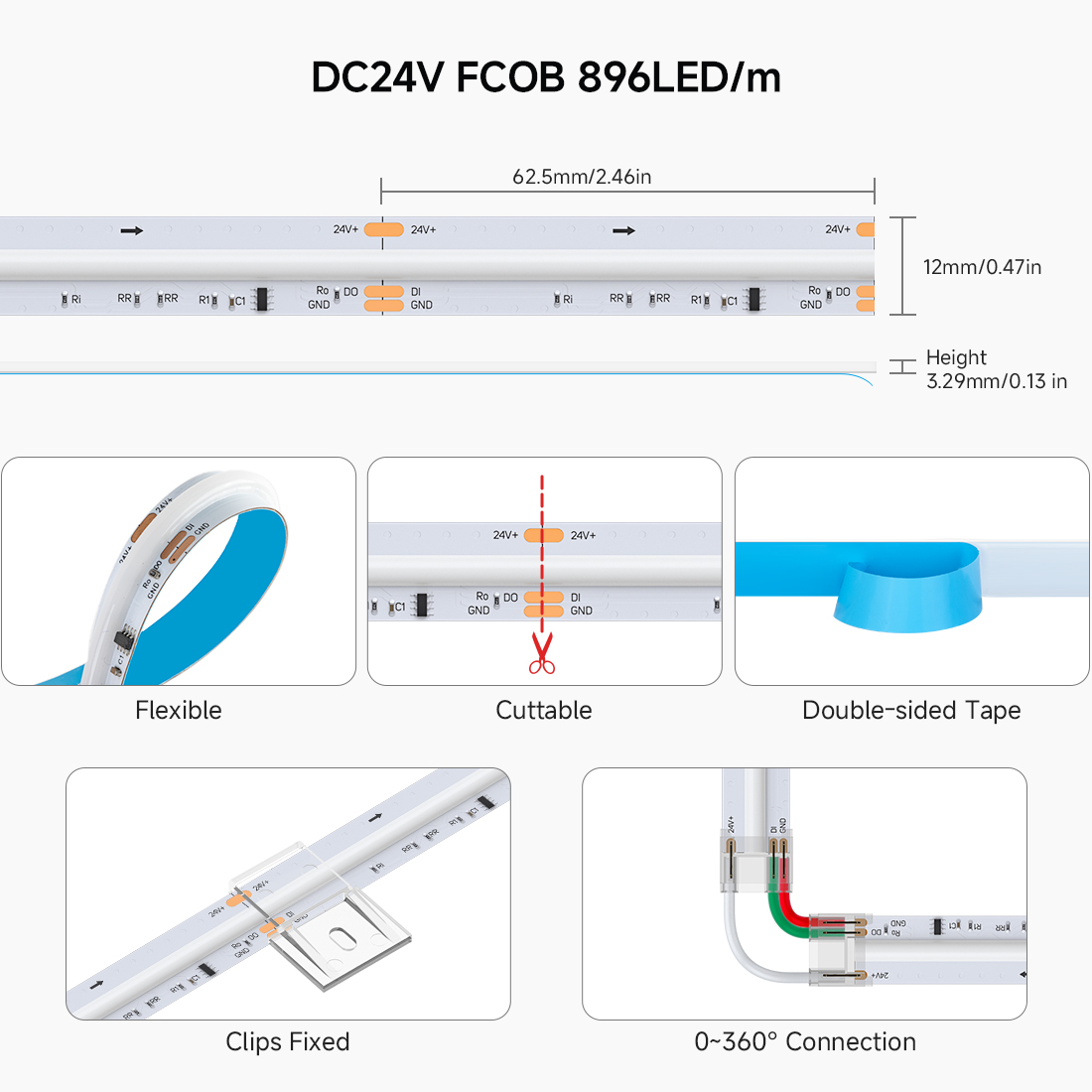 BTF-LIGHTING FCOB COB RGBW IC LED Strip 896LEDs/m Similar WS2814 IC Addressable RA90 IP30 DC24V ...