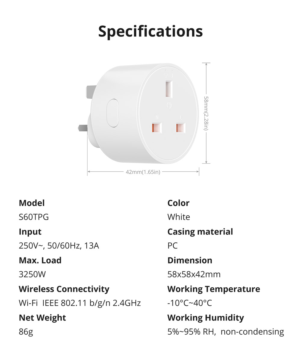 SONOFF iPlug S60 UK Wi-Fi Smart Socket Overload Protection Timer Smart ...