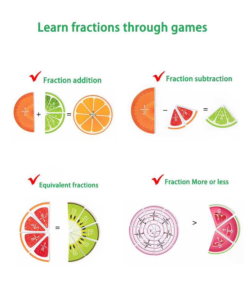 Kids Montessori Score learning Wooden Toys, Fruit Fraction Board Math ...