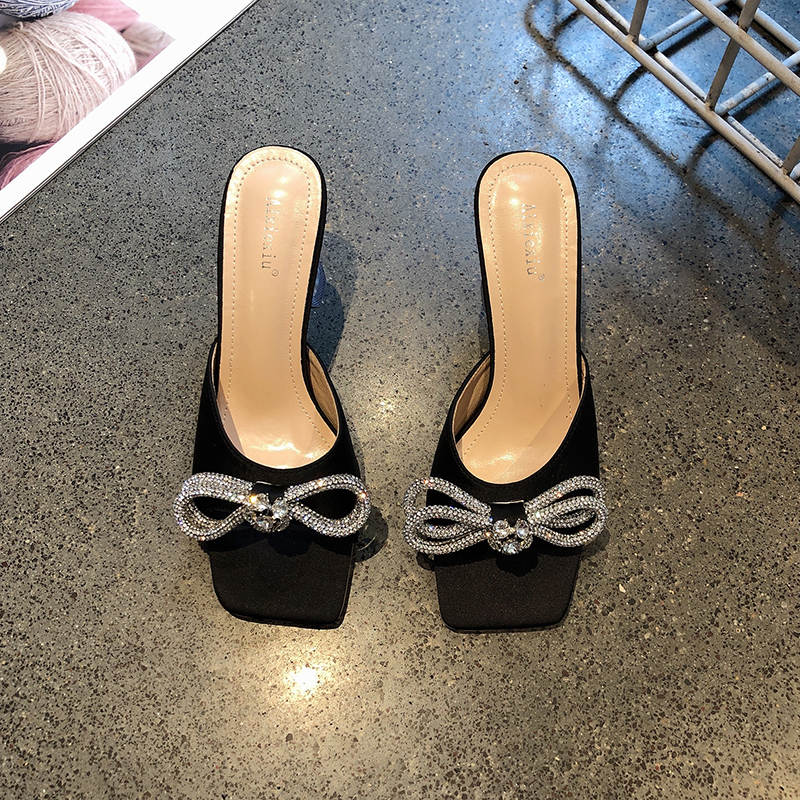 SWEETC Women's Fashion Square Toe Open Toe Rhinestone Bowknot Stiletto ...
