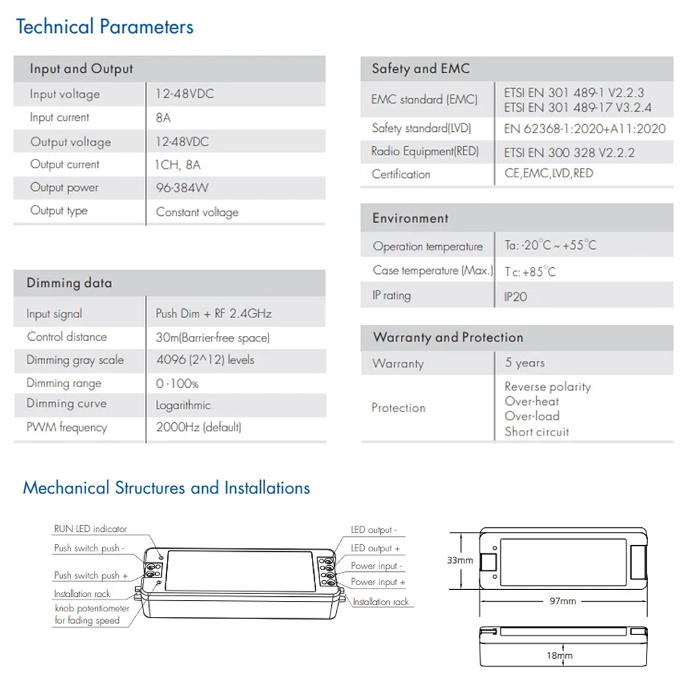 1CH*8A 12V-48VDC 24V CV Fade-in Fade-out LED Dimmer Push Dim V1-F 5 ...