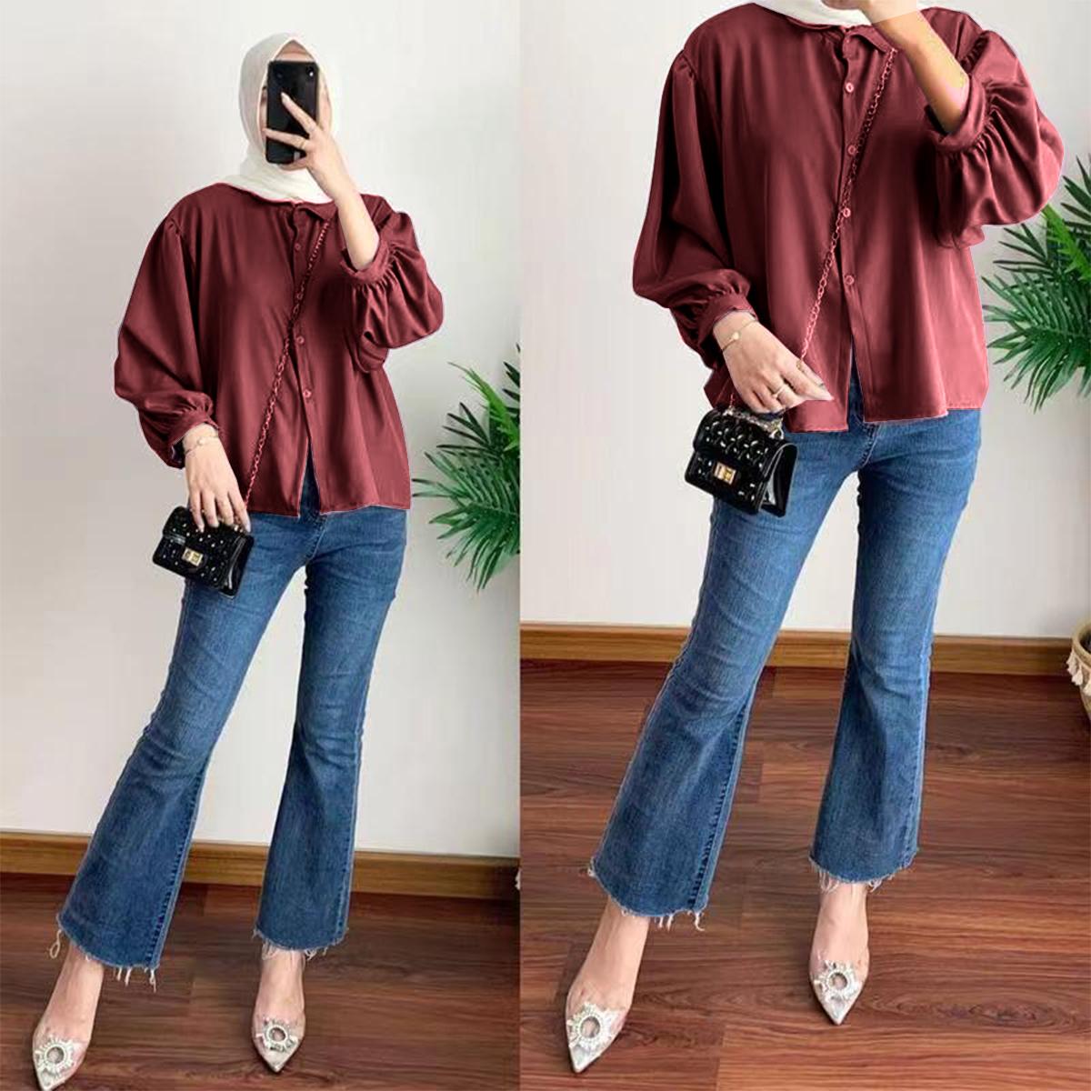 #384C baju muslimah plus size lengan panjang crop top for women kemeja ...