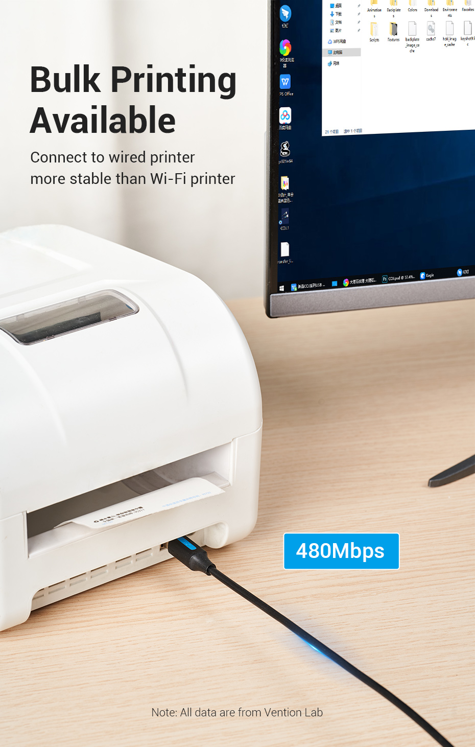 Vention USB-C Printer Cable, 480Mbps High-Speed Heavy-Duty Printing ...