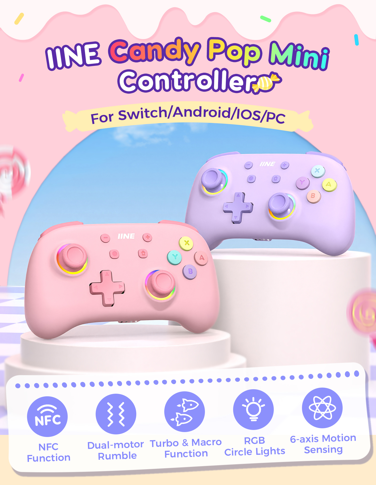 IINE Candy Pop Mini Controller for Switch/Android/IOS/PC with NFC ...