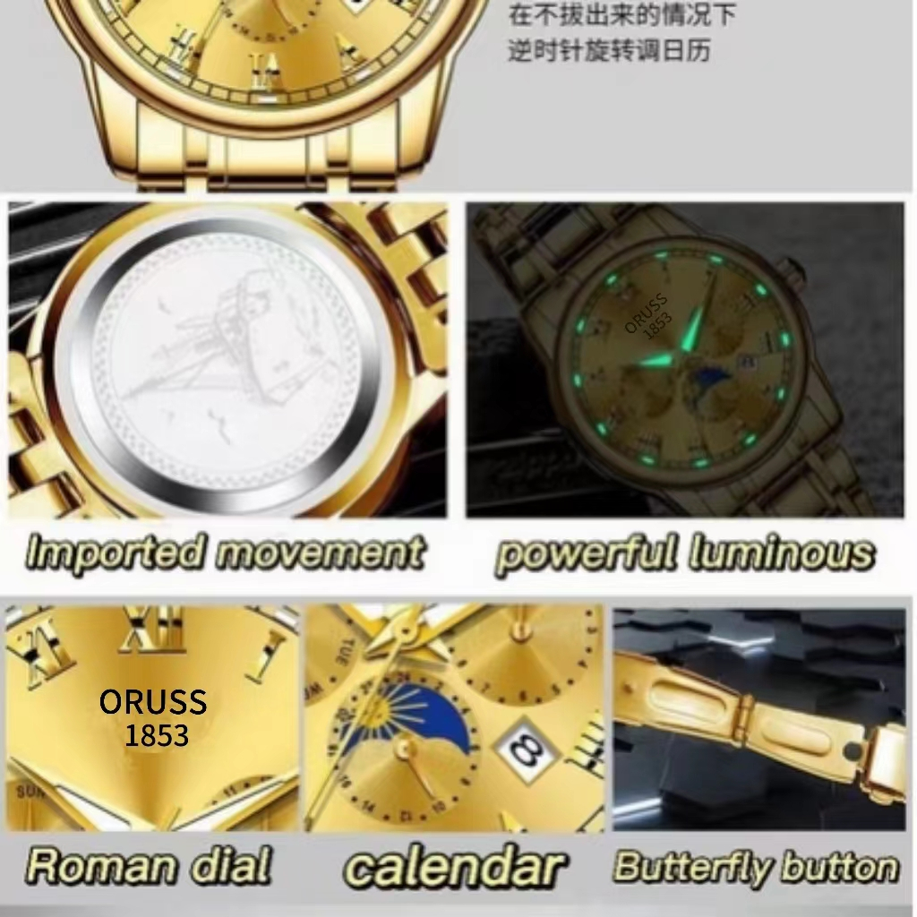 ORUSS Original Men Luxury Date Stainless Steel Gold Fashion Waterproof ...