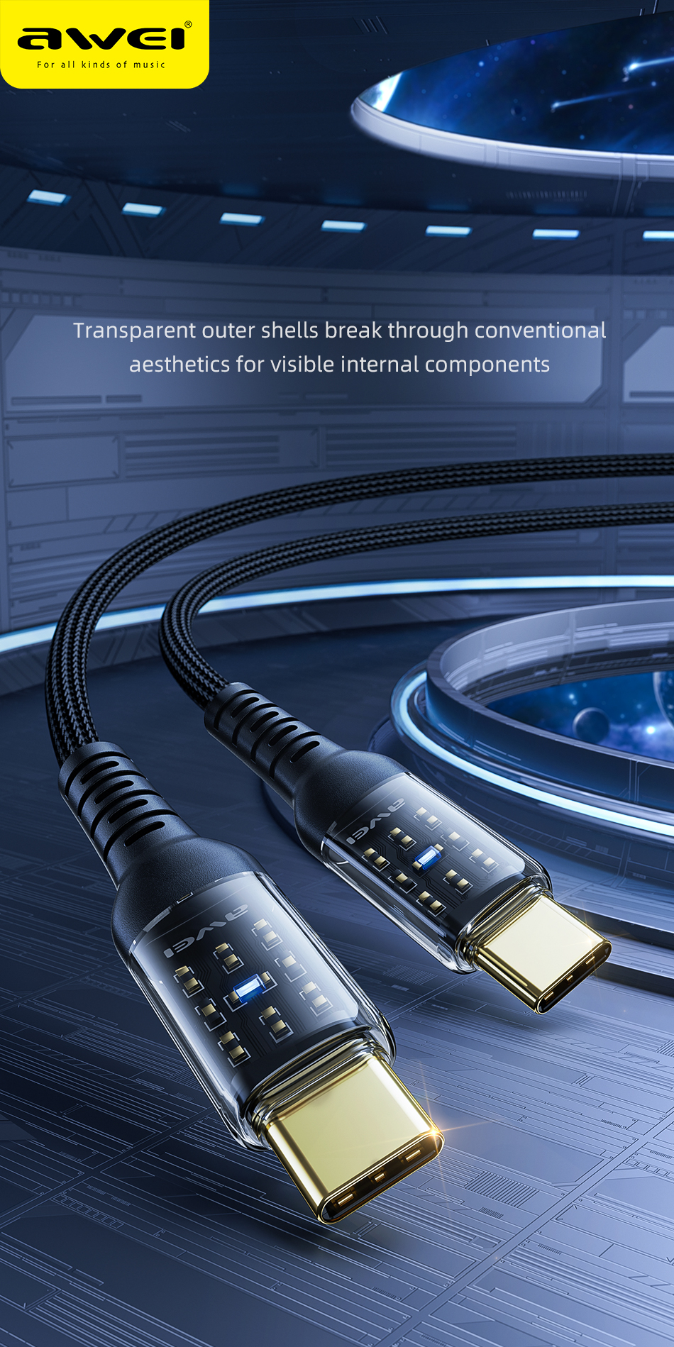 Awei 60W Type C To Type C Fast Charging Cable 1M Transparent Type C ...