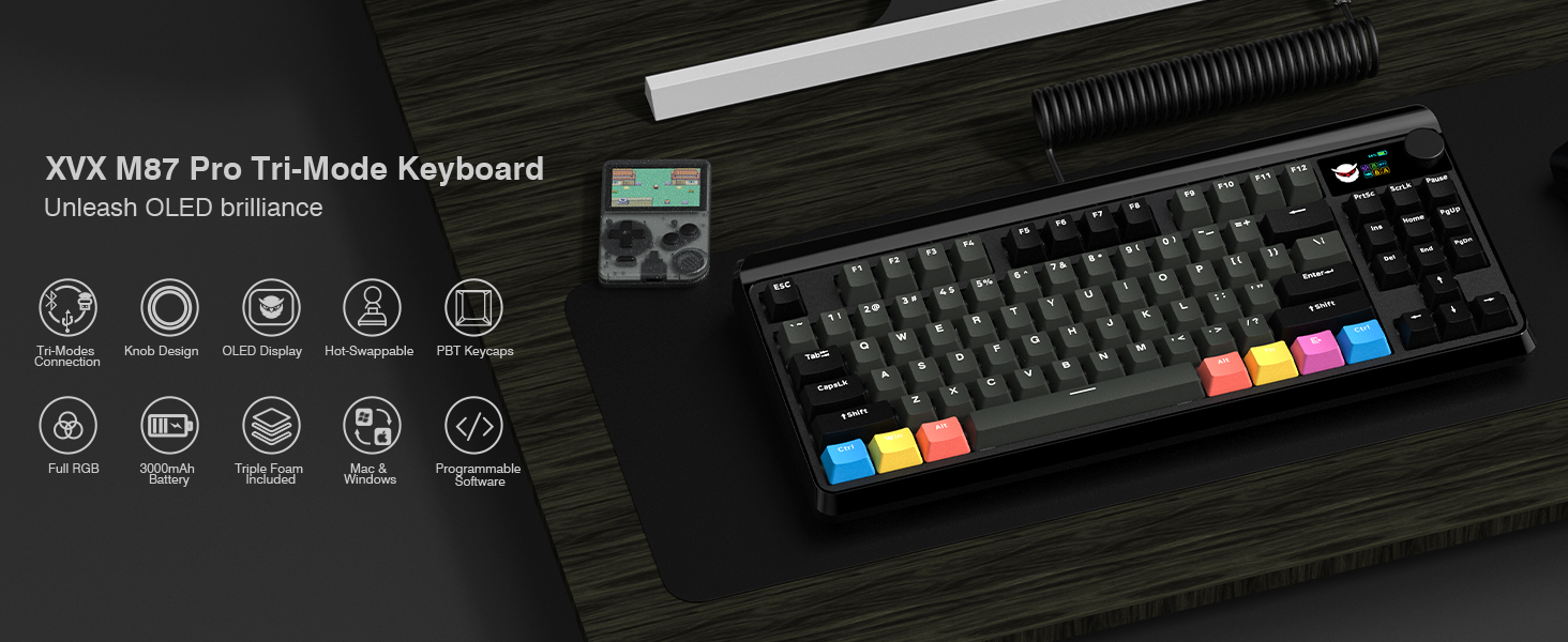XVX M87 Pro Tri-Mode Smart Display Mechanical Keyboard (Coral Sea/Retro ...
