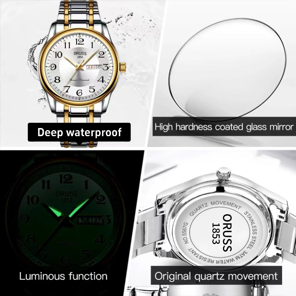 ORUSS Original Men/Women Dual Calendar Luxury Waterproof Stainless ...