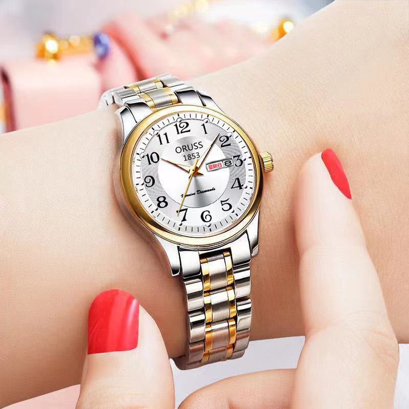 ORUSS Original Women/Men Luxury Dual Calendar Stainless Steel Ladies ...