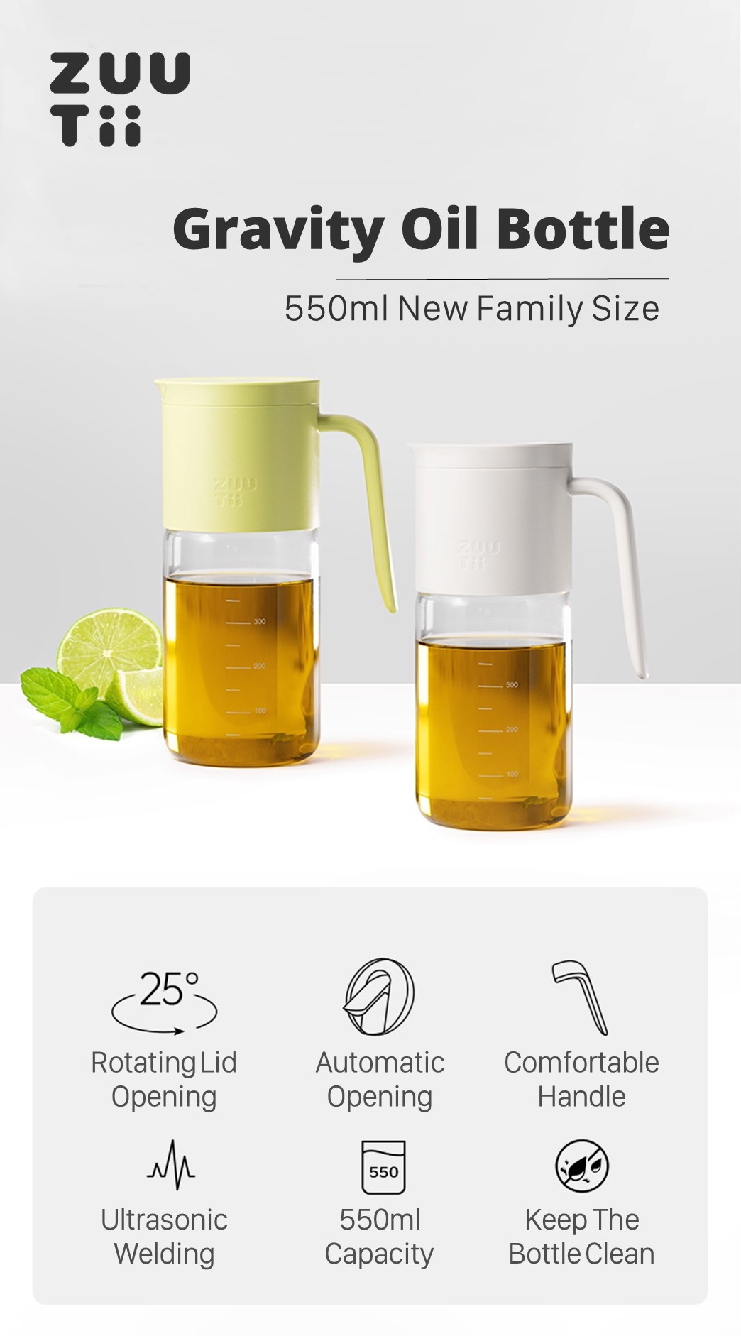Zuutii Gravity Oil Dispenser(550ml) with Handle Kitchen Glass Oil ...