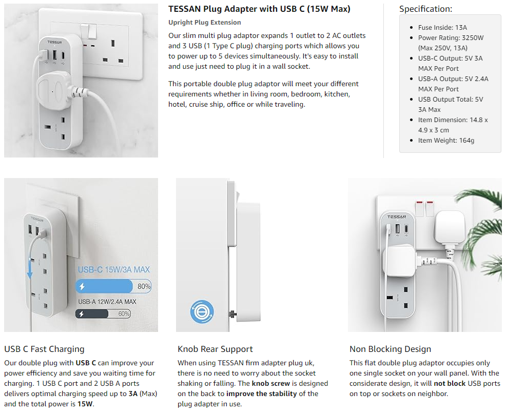 TESSAN Extension Plug with USB+Type C，Multi Plug Power Extension ...