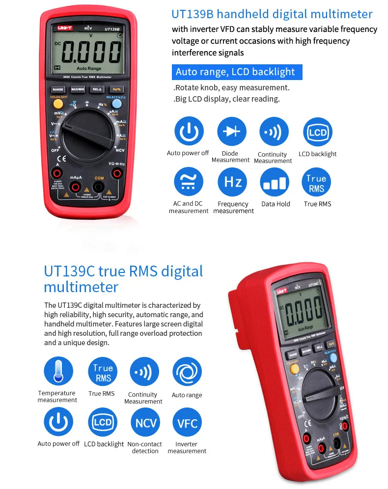 UNI-T UT139 Series Multimeter AC DC 600V 10A True RMS Resistance Diode ...