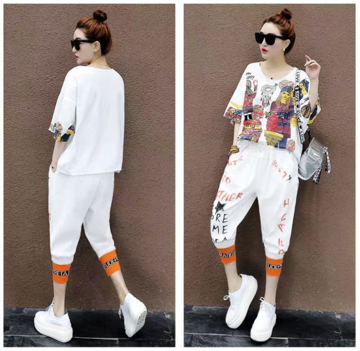 2pcs Women Clothing Individual Set Wear Ladies Short Sleeve Loose Round