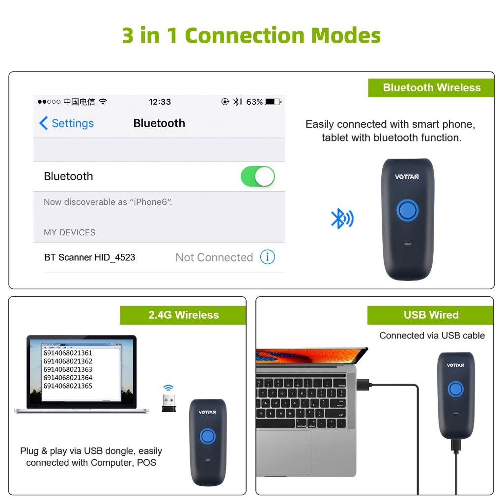 Portable QR Code Scanner, Mini Barcode Scanner USB Bluetooth 2.4Ghz ...