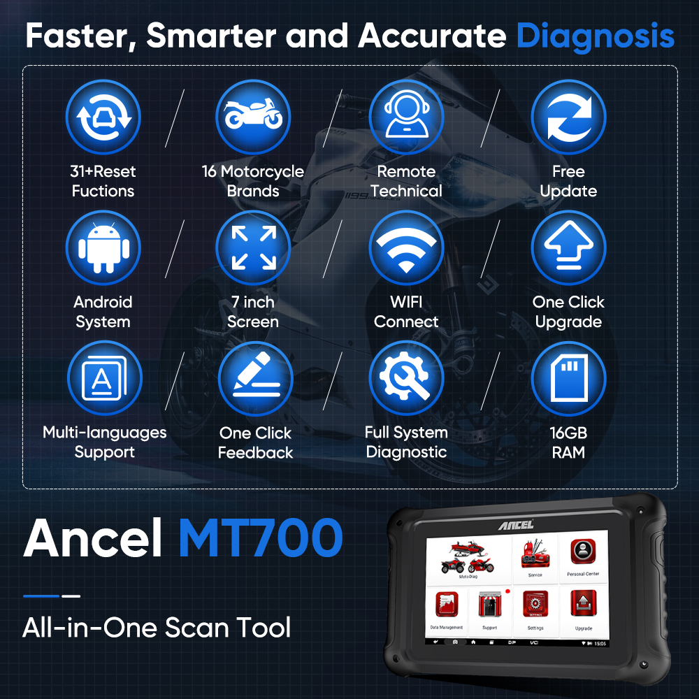 ANCEL MT700 Motorcycle OBD2 Scanner Full System Diagnose Tool Support Idle Adjustment ECU Coding ...