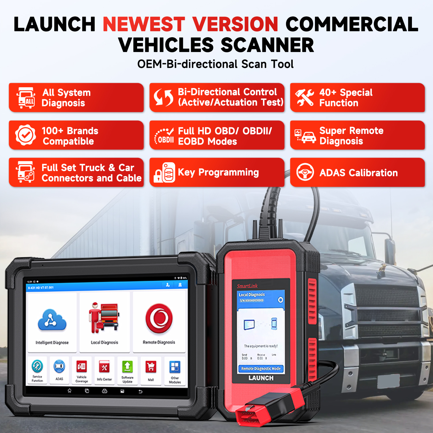 LAUNCH X431 V+ SmartLink HD Heavy Duty Truck OBD2 Scanner Truck ...