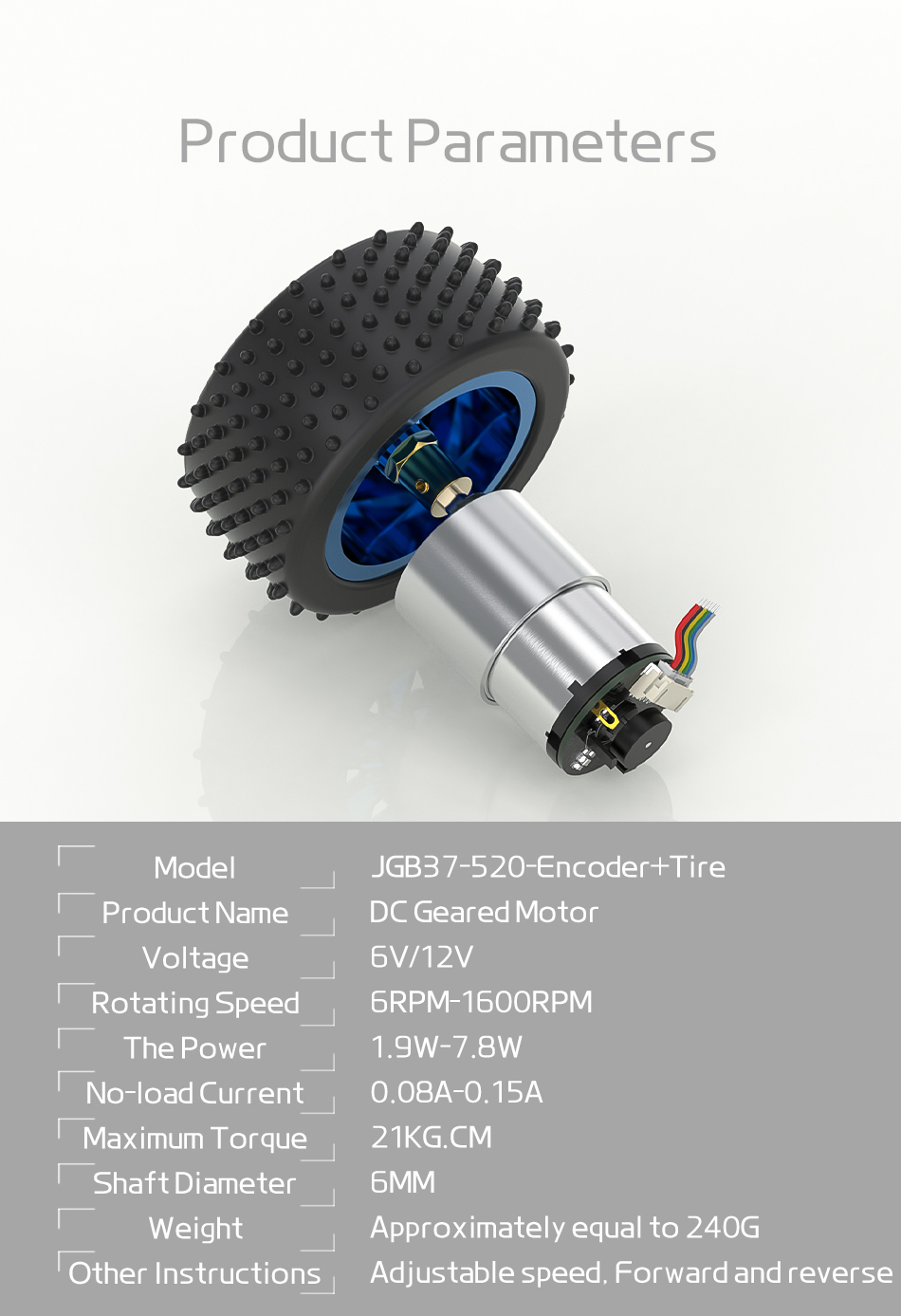 JGB37-520 Hall Encoder DC Brush Gear Motor 6V/12V Forward And Reverse ...
