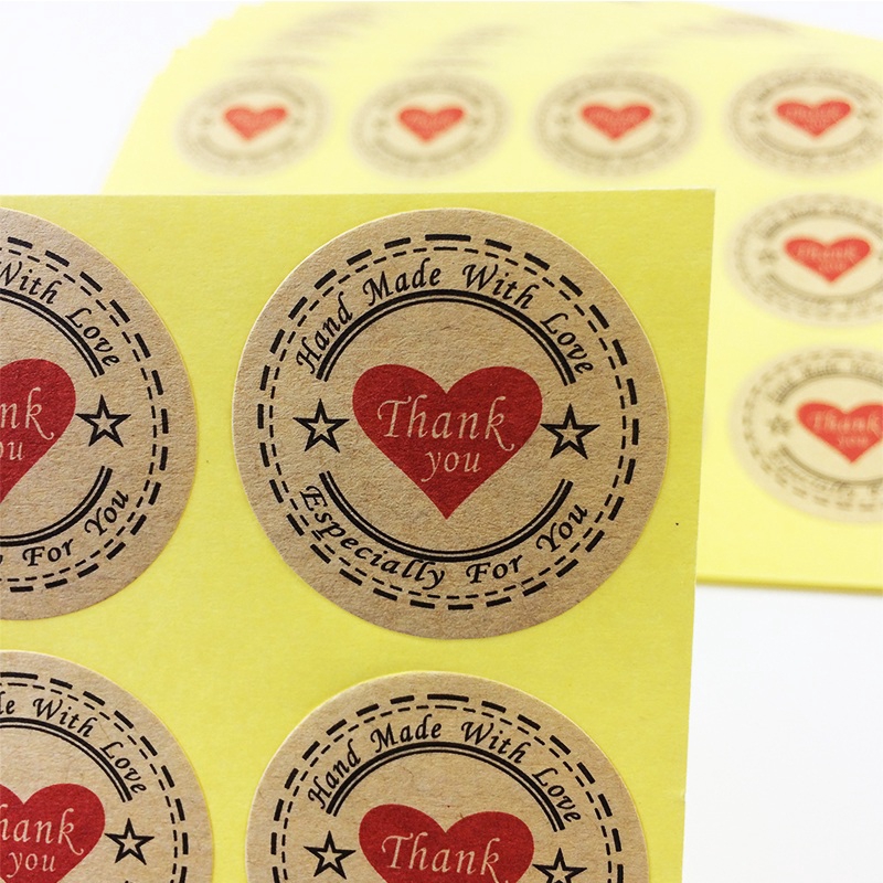 100Pcs/pack Hand Made With Love Kraft Paper Seal Stickers Thank You DIY ...