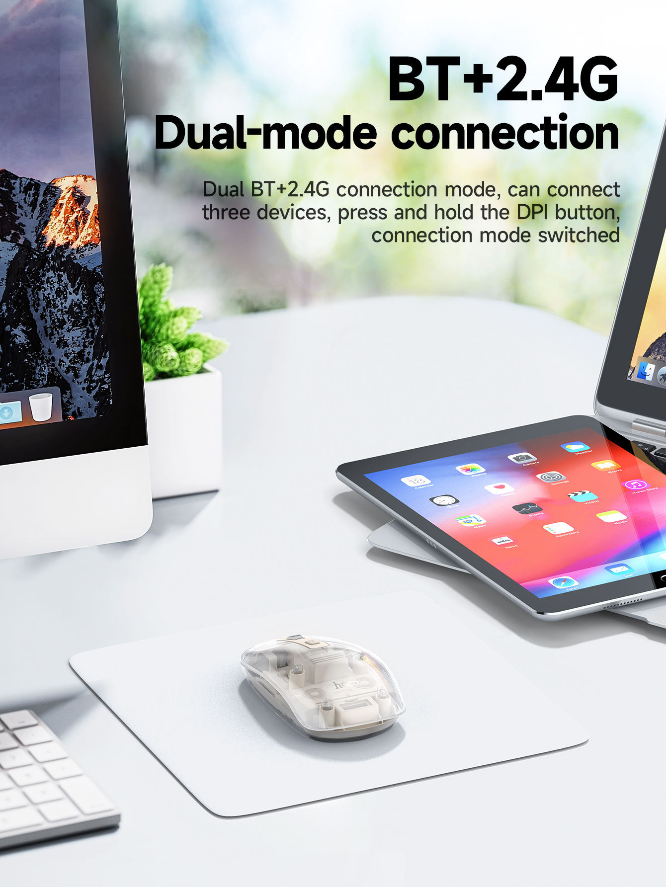 HOCO GM29 Dual Mode Silent Wireless Mouse Bluetooth Transparent Mouse ...