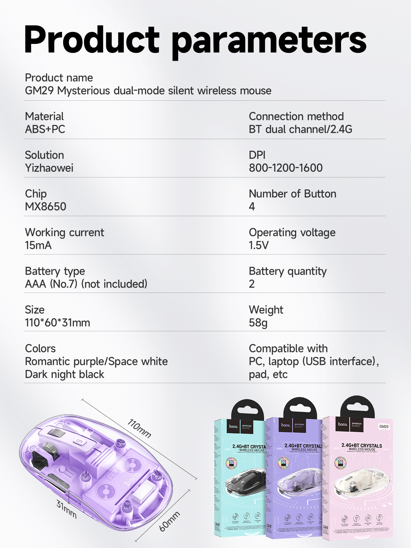 HOCO GM29 Dual Mode Silent Wireless Mouse Bluetooth Transparent Mouse ...